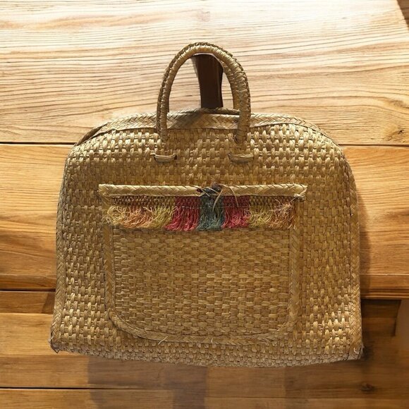 Bags | Vintage Rattan Woven Grass Purse Tote Bag Handles Hippie Boho ...